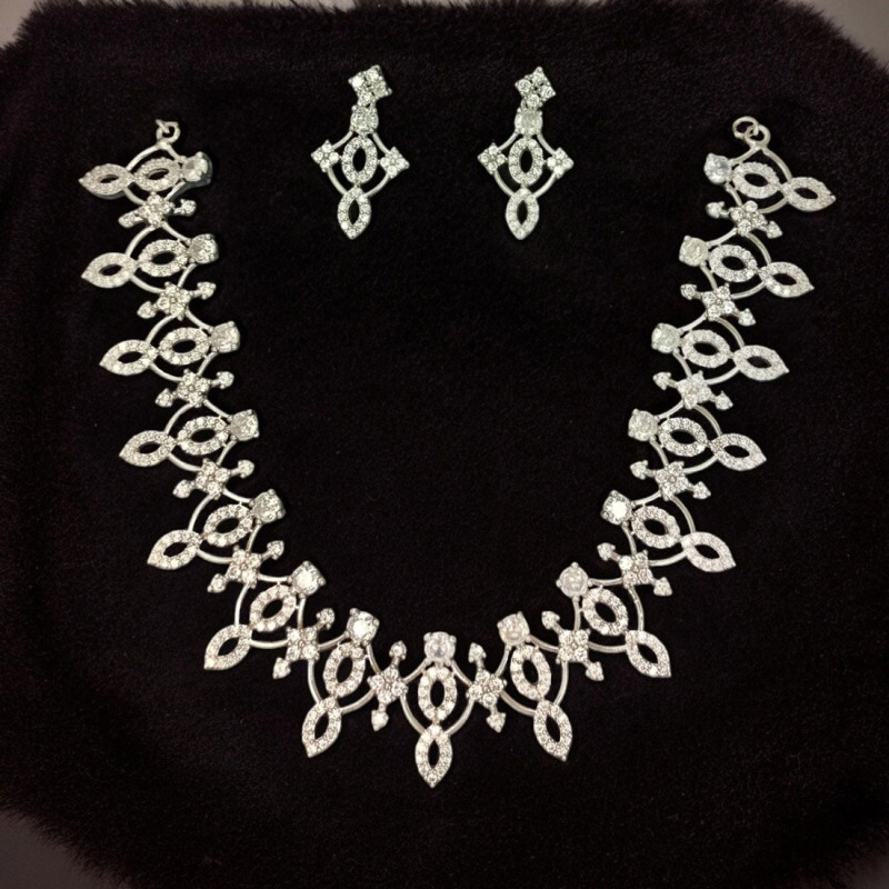 Glorious Silver Tone American Diamond Necklace Set From Kollam Supreme